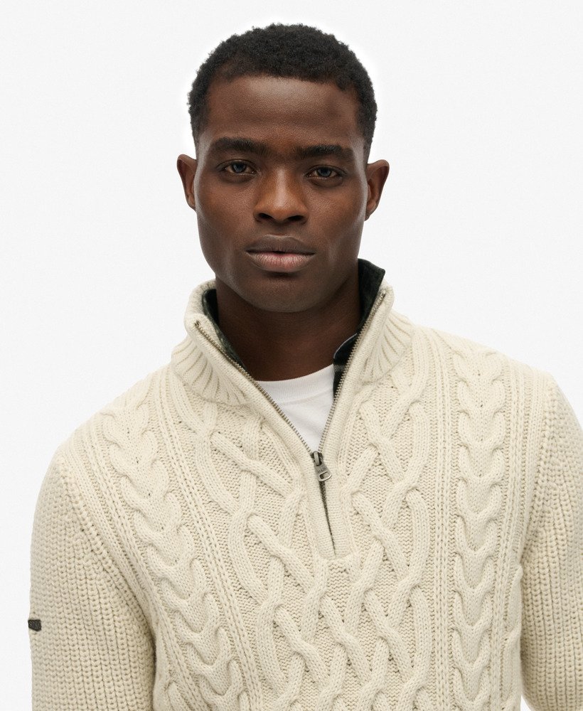 mens Jacob Cable Knit Half Zip Jumper in ECRU | Superdry UK