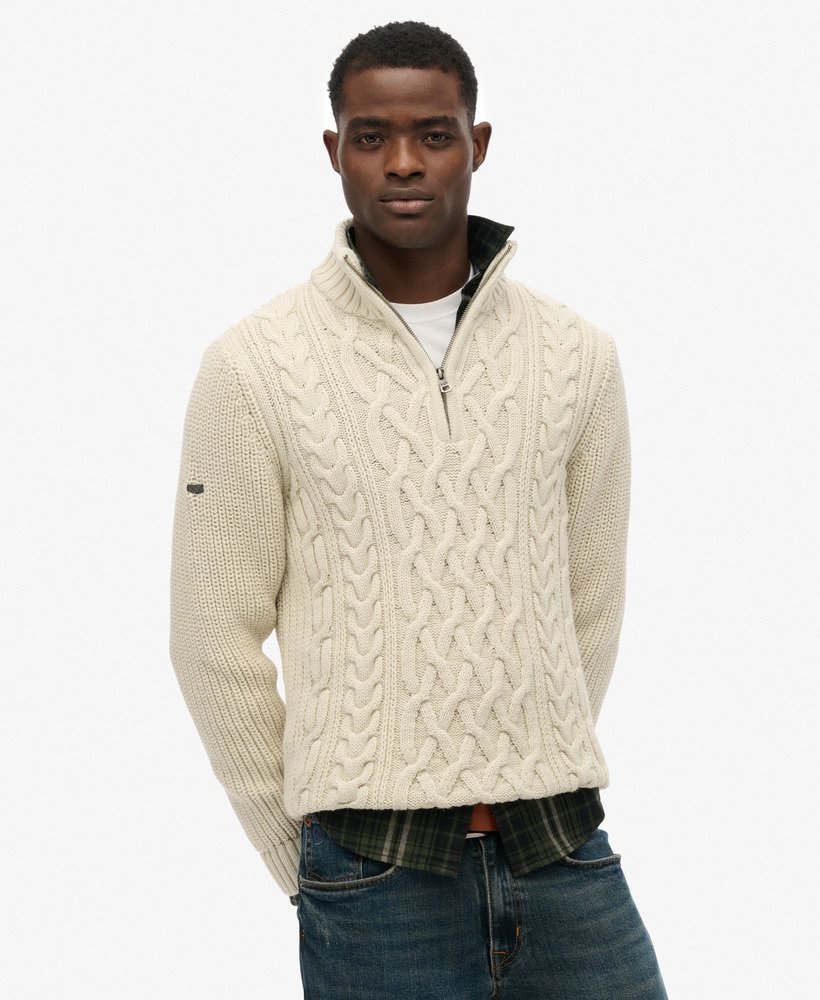 mens Jacob Cable Knit Half Zip Jumper in ECRU | Superdry UK