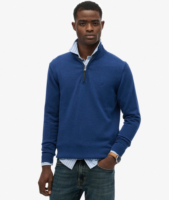 mens Essentials Cotton Half Zip Jumper in Lapis Blue Marl | Superdry UK