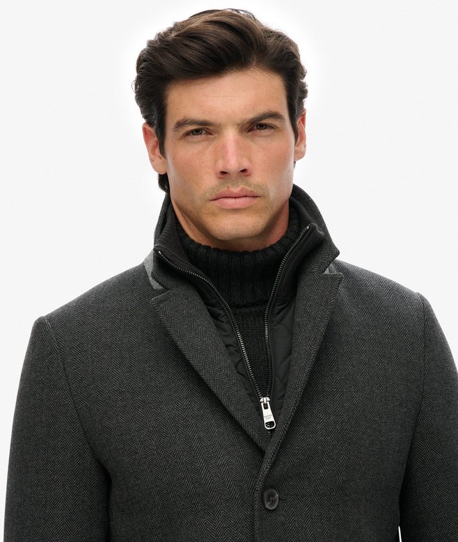 mens Tailored Two-in-One Town Coat in Dark Grey Herringbone | Superdry UK
