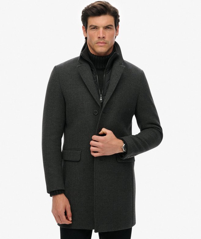 mens Tailored Two-in-One Town Coat in Dark Grey Herringbone | Superdry UK