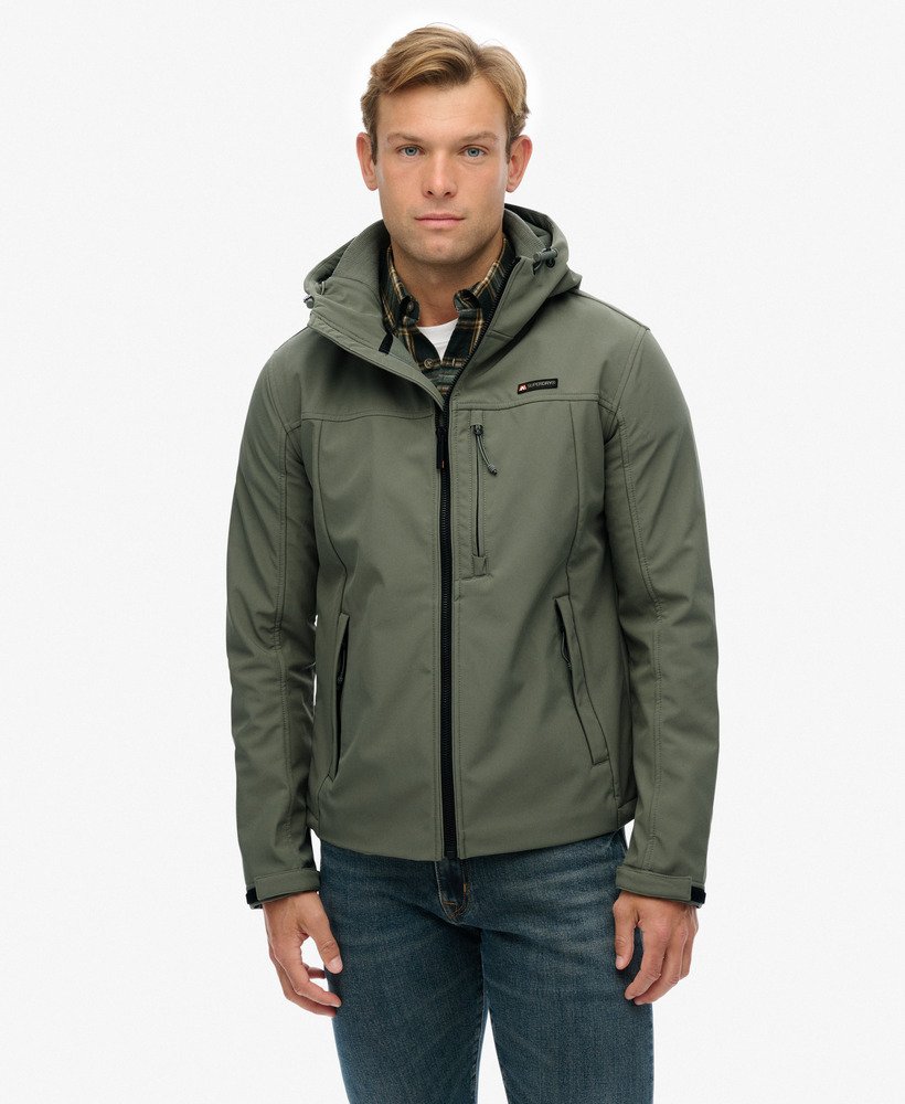 mens Hooded Soft Shell Trekker Jacket in Shell Grey Olive | Superdry UK