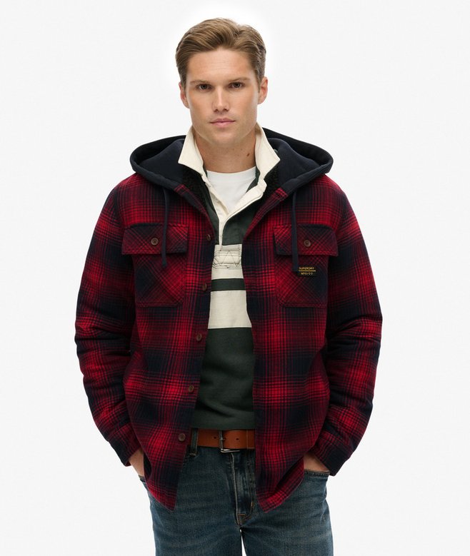 mens Surplus Hooded Check Shirt in Over Ombre Red | Superdry UK
