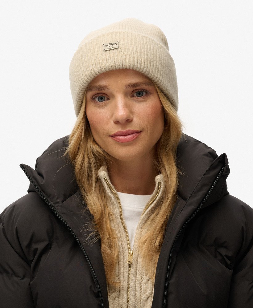 womens Rib Knitted Beanie Hat in Oat Bran | Superdry UK