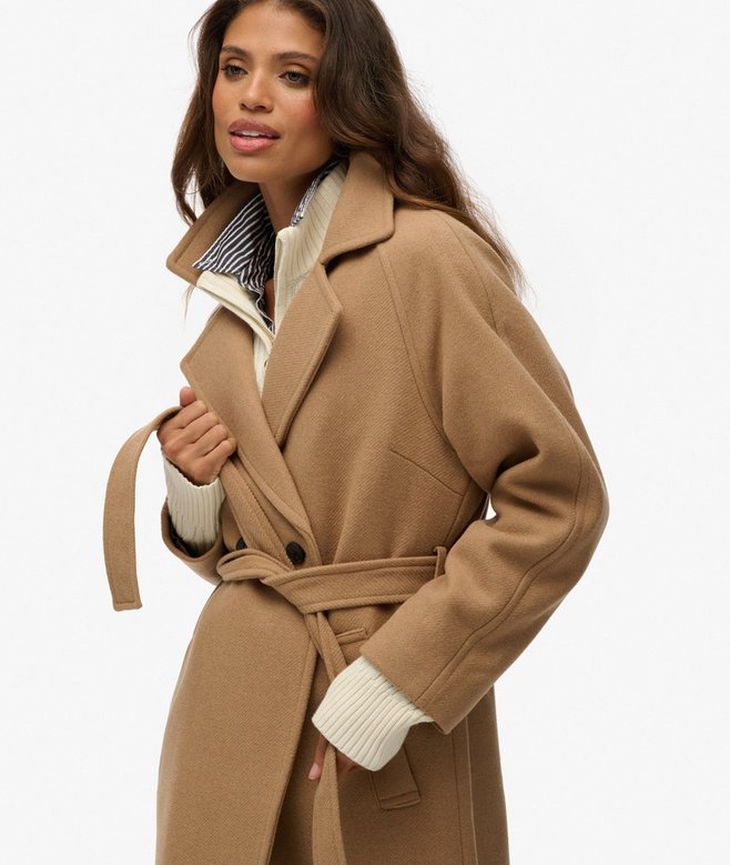 womens Relaxed Long Wool Blend Coat in Iced Coffee Brown | Superdry UK