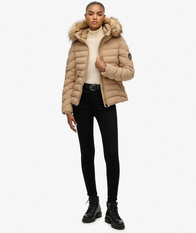 Dames Fuji Gewatteerde Jas Met Bontkraag in shaker beige | Superdry BE-NL