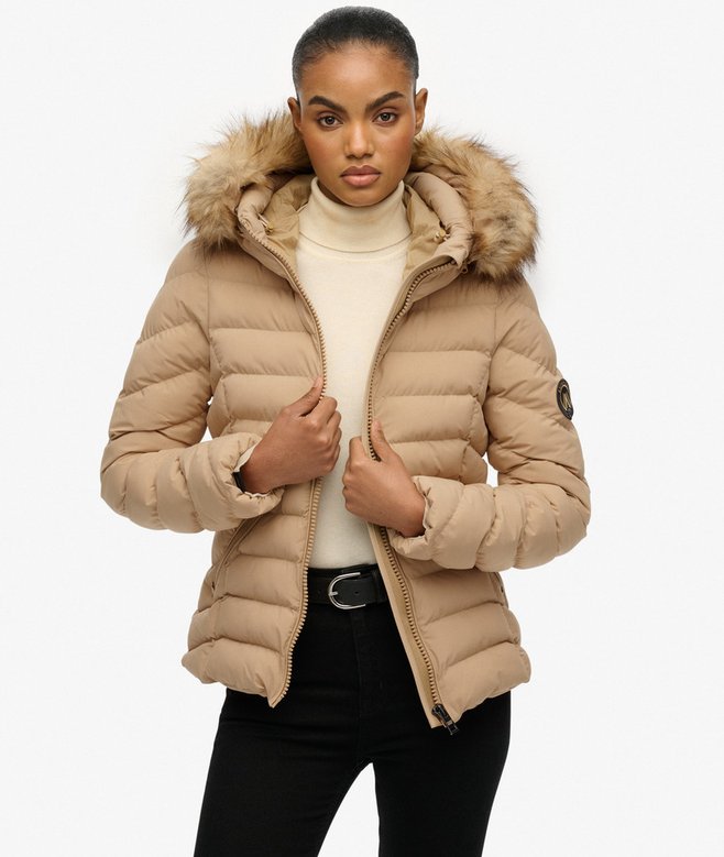 Dames Fuji Gewatteerde Jas Met Bontkraag in shaker beige | Superdry BE-NL