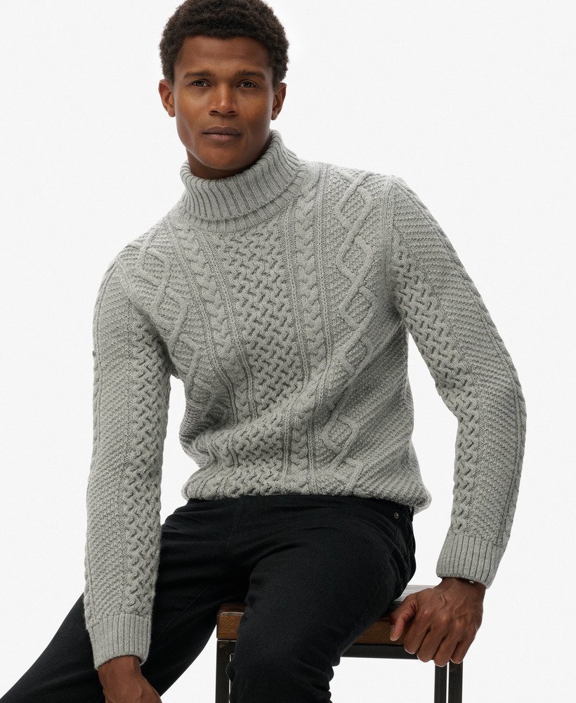 mens Jacob Cable Roll Neck Jumper in MID GREY | Superdry UK