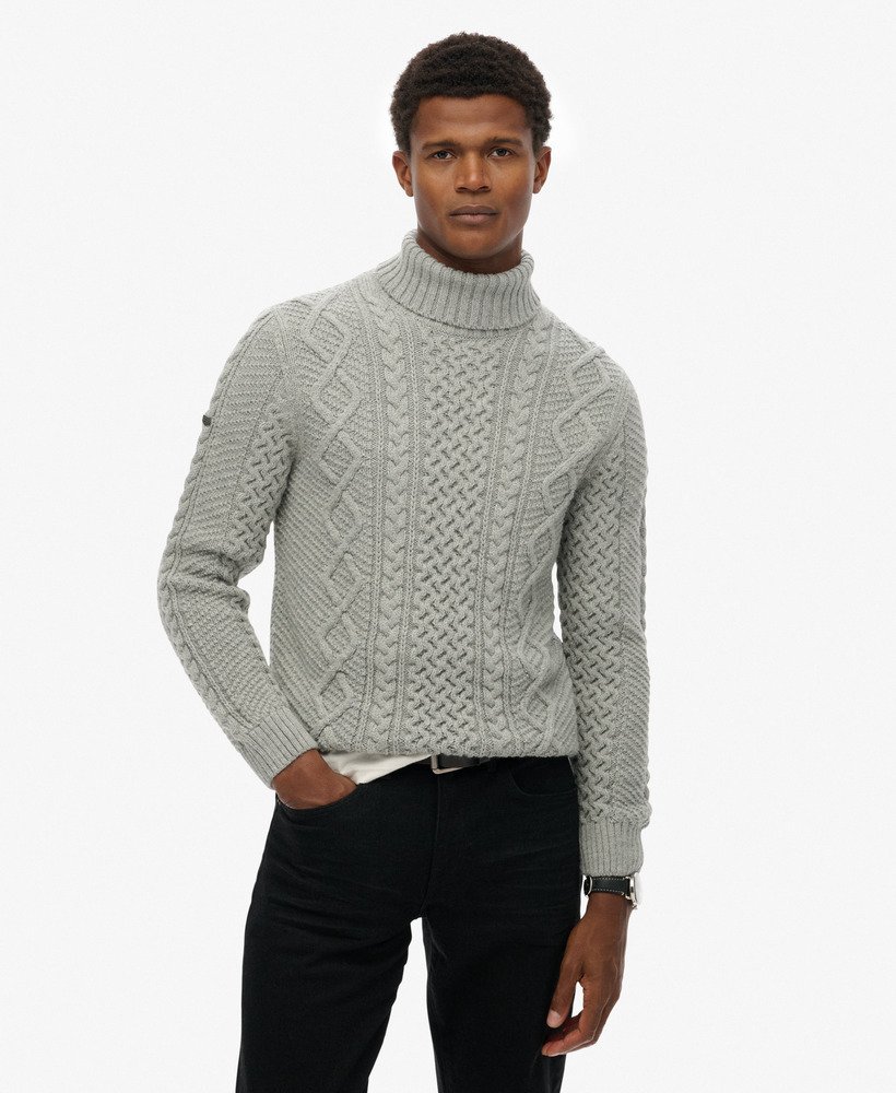 mens Jacob Cable Roll Neck Jumper in MID GREY | Superdry UK