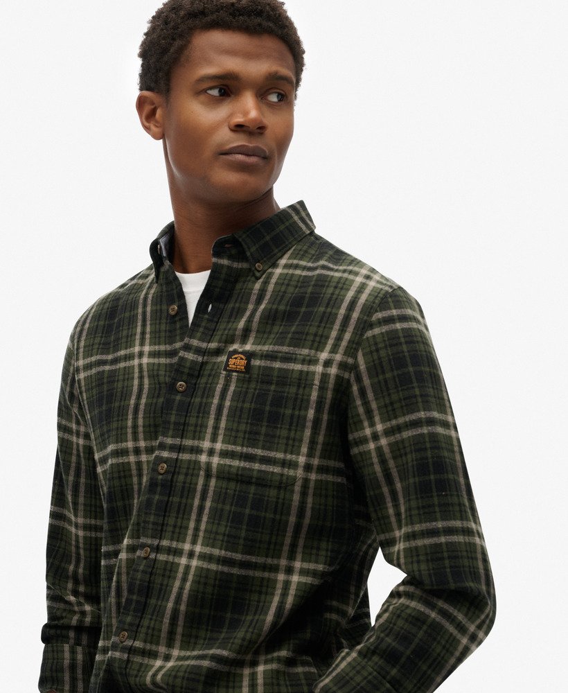 mens Long Sleeve Cotton Lumberjack Shirt in Frontier Check Olive Green ...