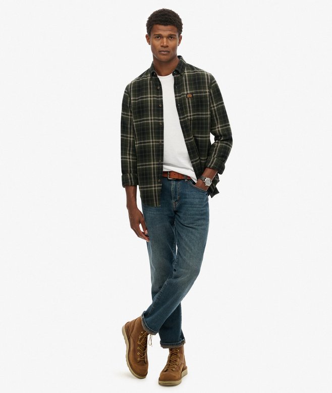 mens Long Sleeve Cotton Lumberjack Shirt in Frontier Check Olive Green ...