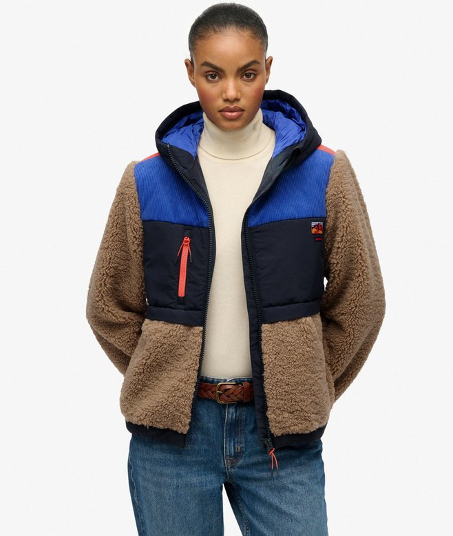 womens Hooded Fleece Sherpa Jacket in Cobblestone Grey | Superdry UK