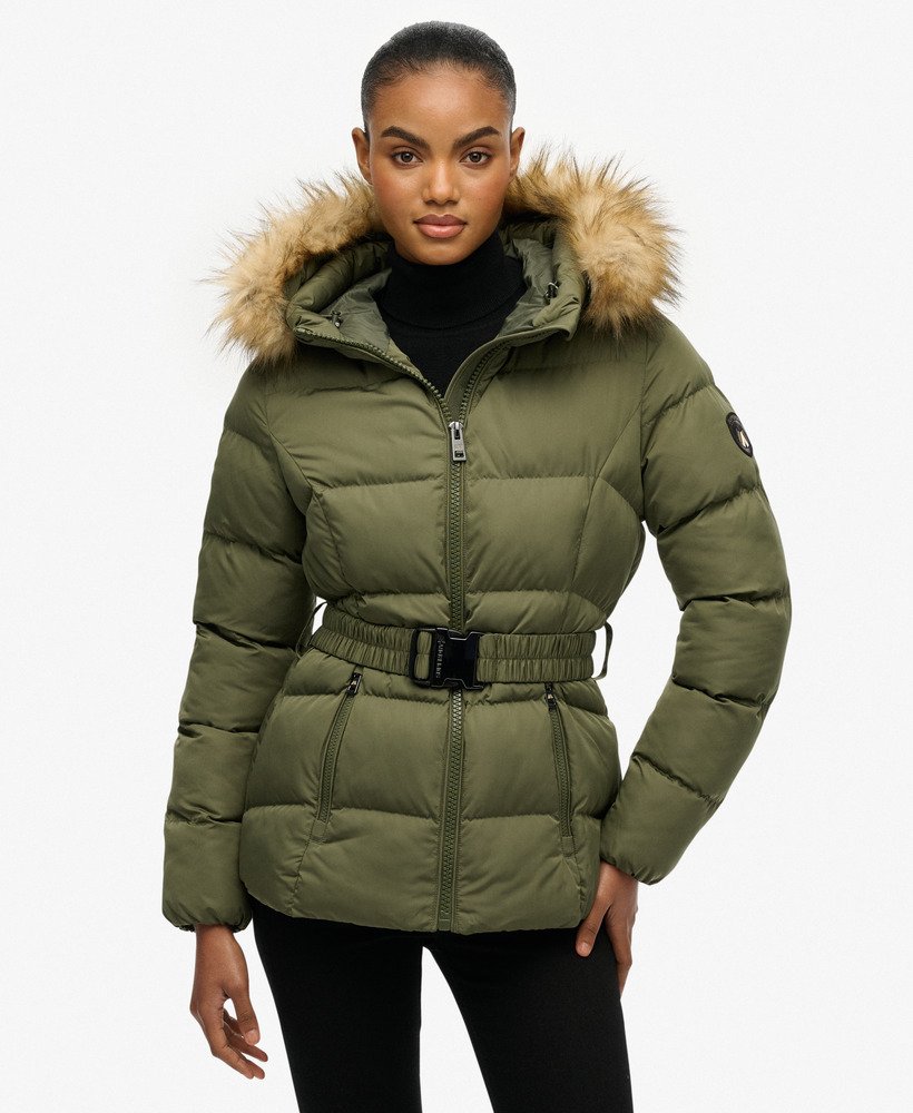 womens Fuji Belted Puffer Jacket in Beetle Green | Superdry UK