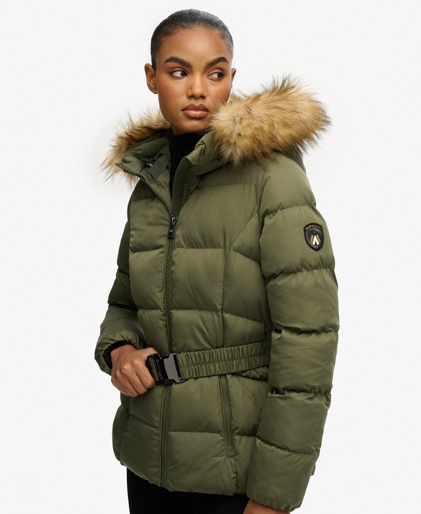 womens Fuji Belted Puffer Jacket in Beetle Green | Superdry UK