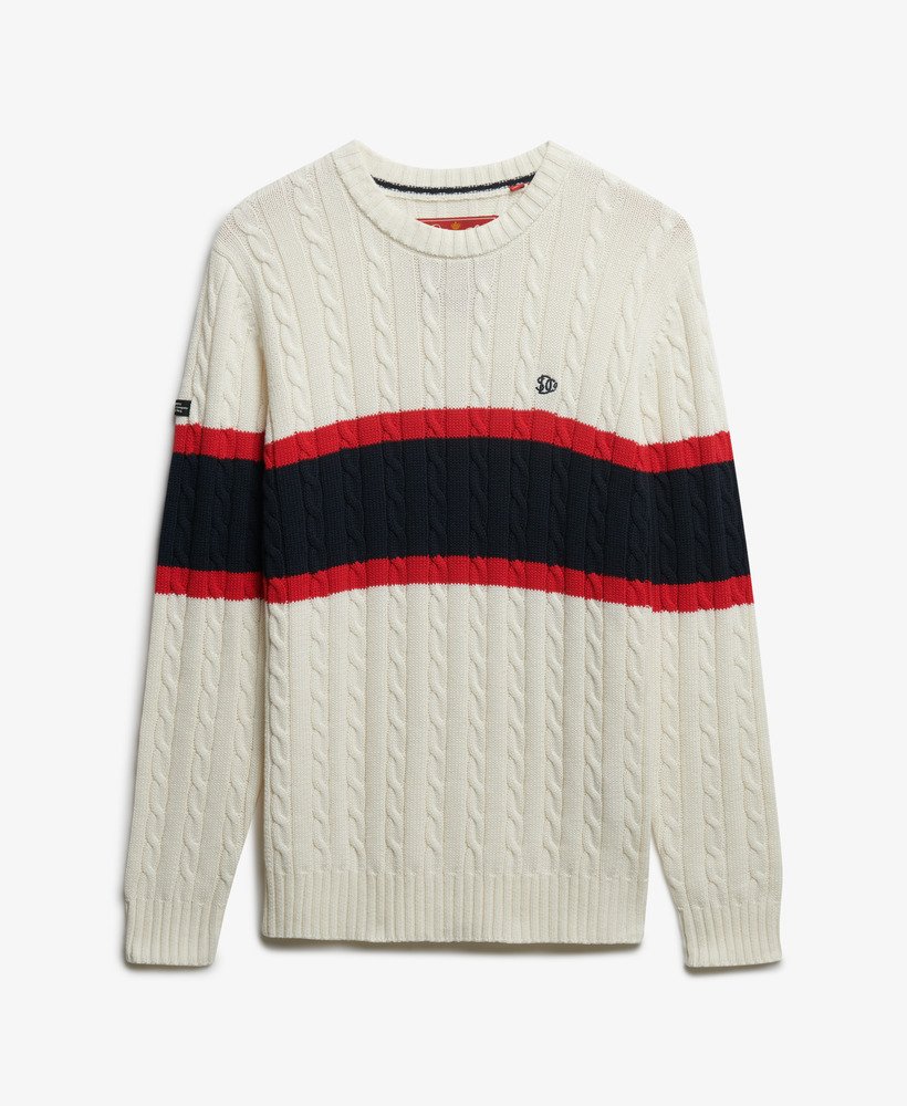 mens Cotton Stripe Cable Jumper in Ecru/Eclipse Navy | Superdry UK