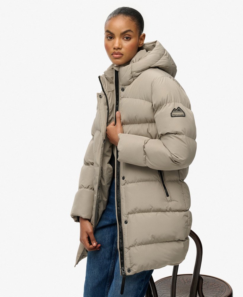 womens Hooded Sports Puffer Mid Length Jacket in Winter Twig Beige ...