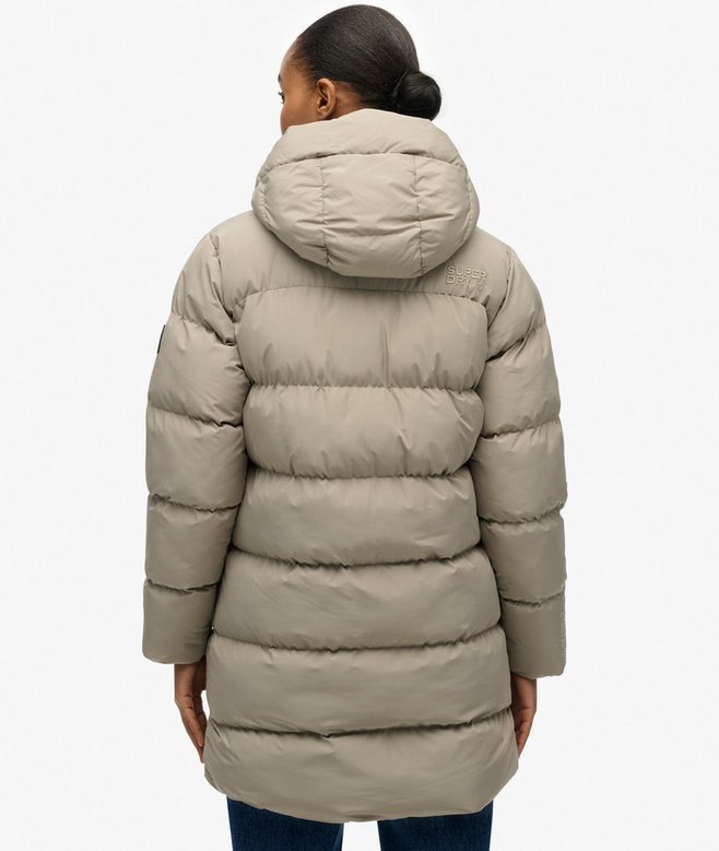 womens Hooded Sports Puffer Mid Length Jacket in Winter Twig Beige ...