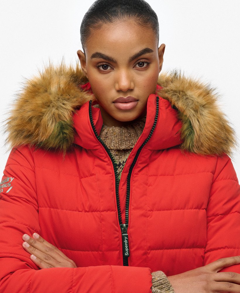 womens Arctic Longline Puffer Coat in High Risk Red | Superdry UK