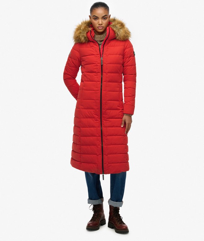 womens Arctic Longline Puffer Coat in High Risk Red | Superdry UK