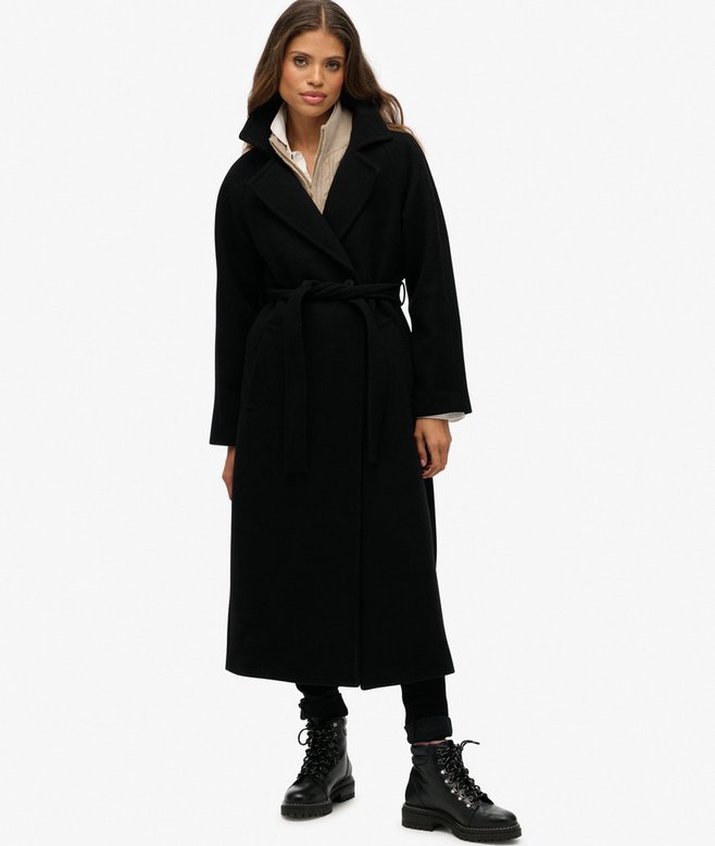 womens Relaxed Long Wool Blend Coat in Black | Superdry UK