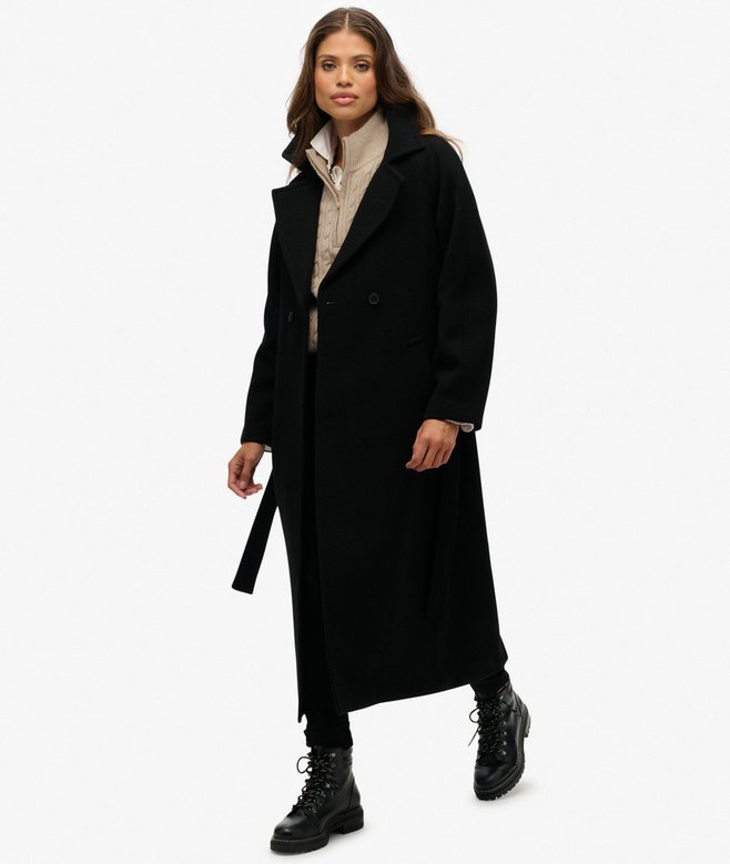 womens Relaxed Long Wool Blend Coat in Black | Superdry UK