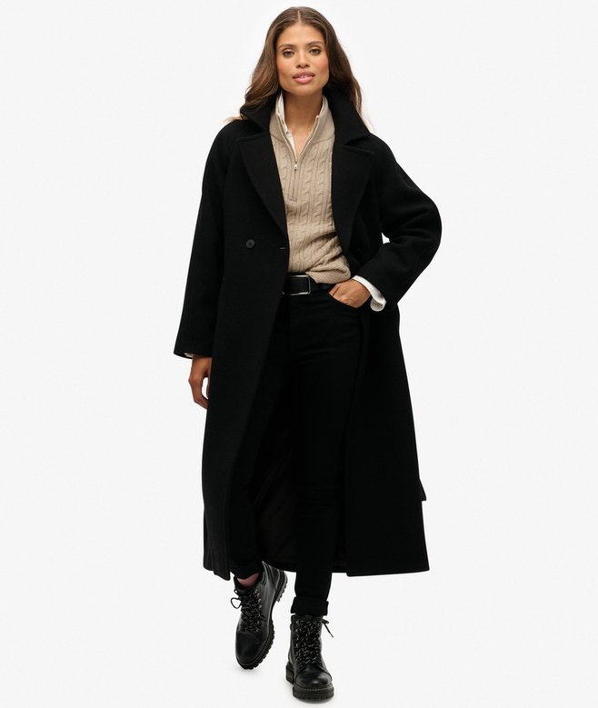 womens Relaxed Long Wool Blend Coat in Black | Superdry UK