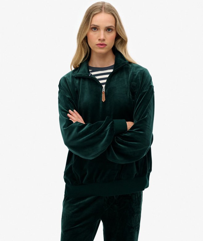 womens Country Club Velour Quarter Zip in ENAMEL GREEN | Superdry UK