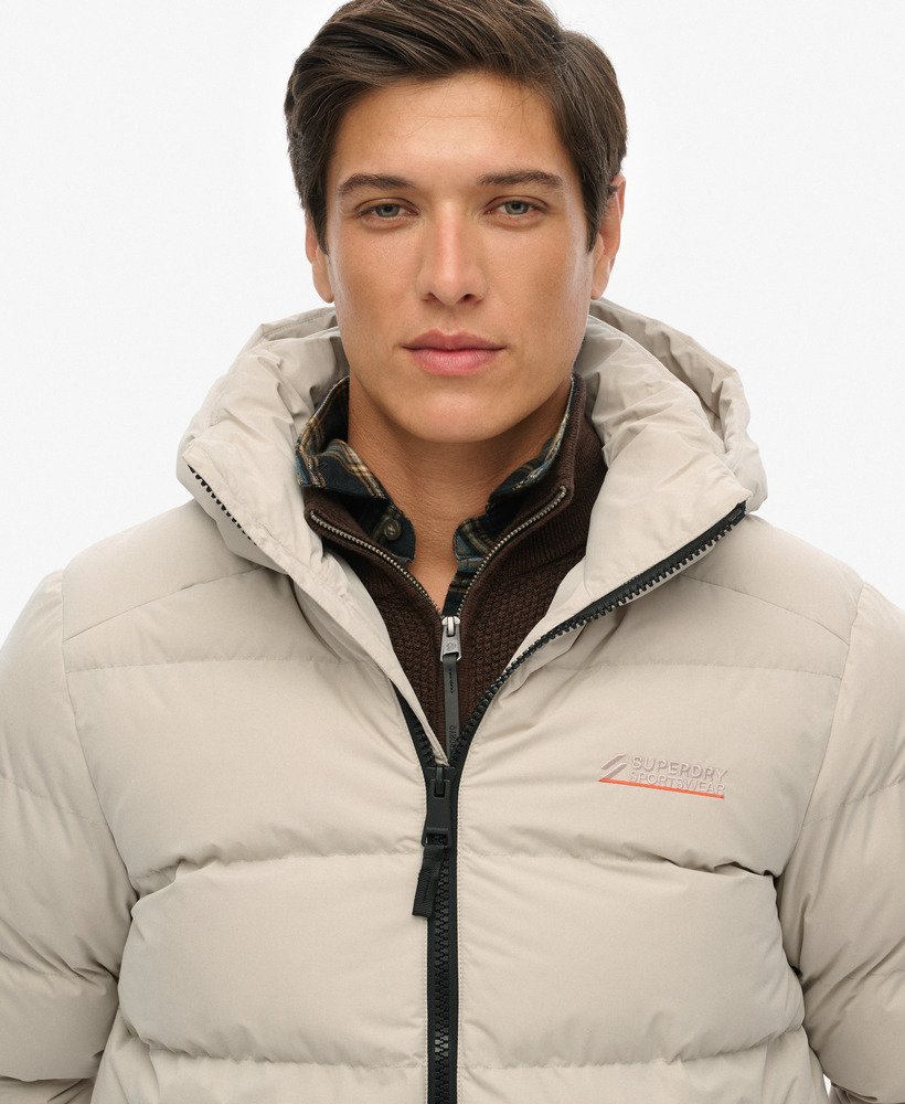 mens Hooded Microfibre Sport Puffer Jacket in Chateau Beige | Superdry UK
