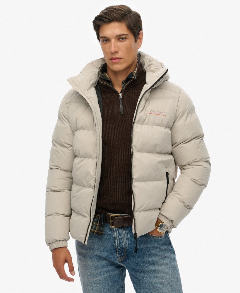 mens Hooded Microfibre Sport Puffer Jacket in Chateau Beige | Superdry UK