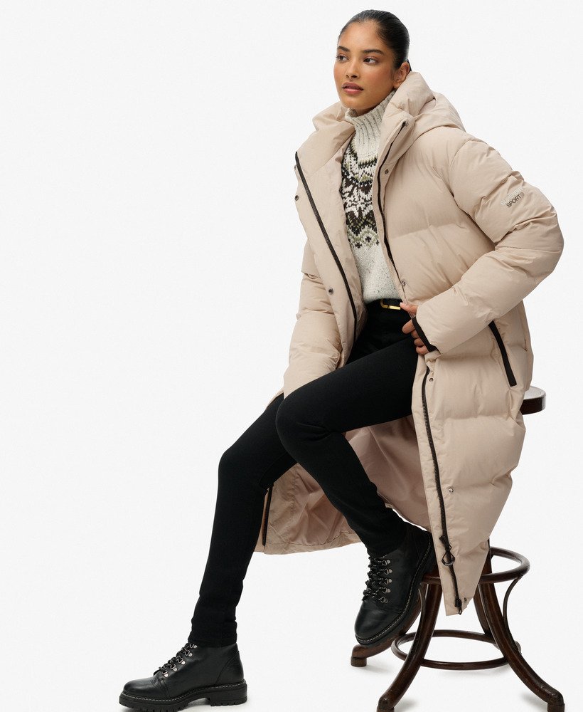 womens Hooded Longline Puffer Jacket in Chateau Beige | Superdry UK