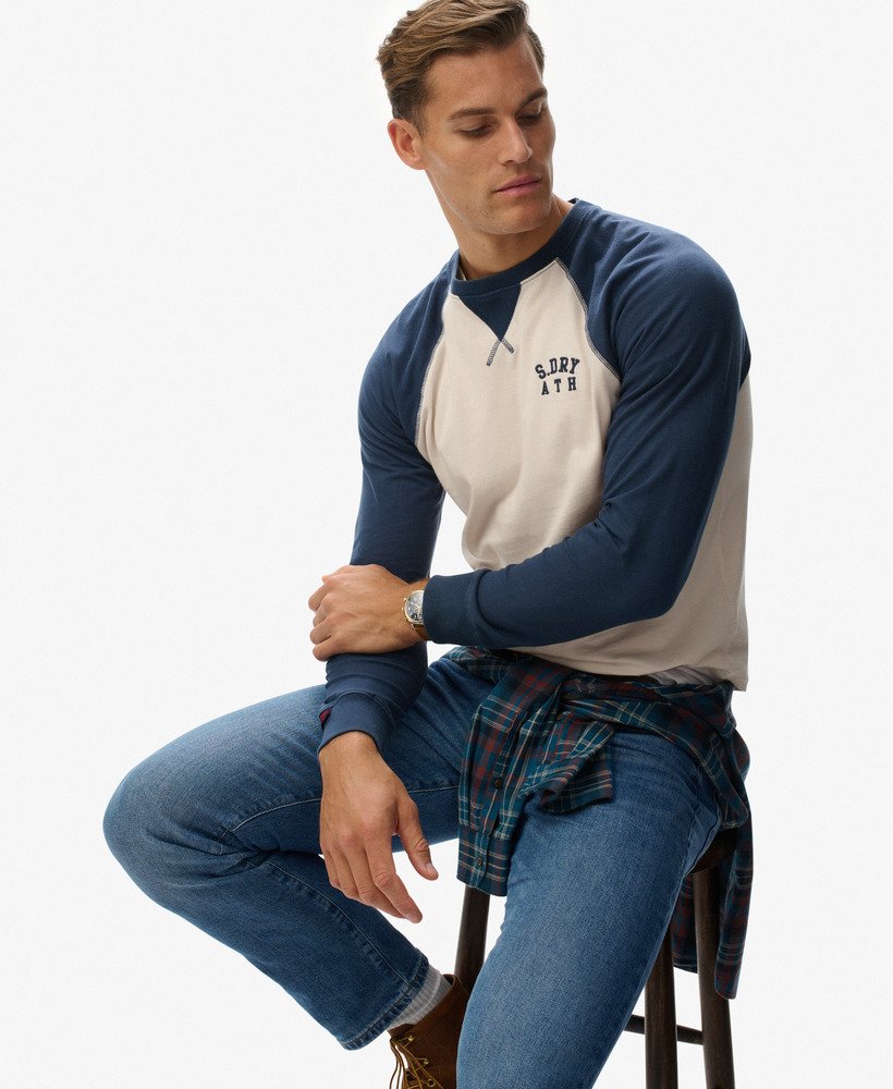 mens Vintage Athletic Baseball Top in White Sand/Classic Navy | Superdry UK