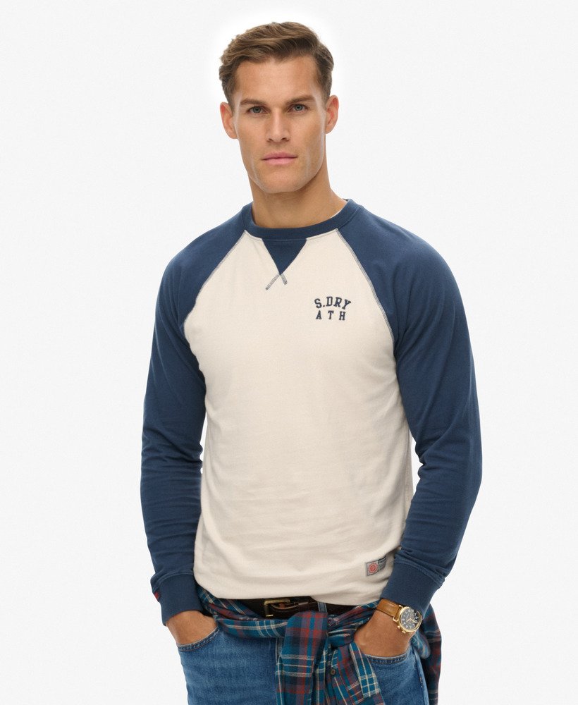 mens Vintage Athletic Baseball Top in White Sand/Classic Navy | Superdry UK