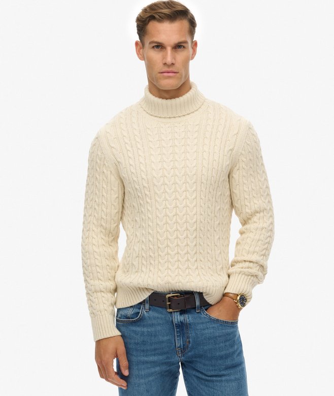 mens Jacob Cable Roll Neck Jumper in WINTER WHITE | Superdry UK