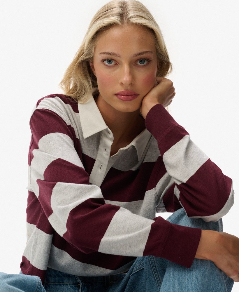 womens Athletic Essentials Cropped Stripe Rugby Top in Glacier Grey ...