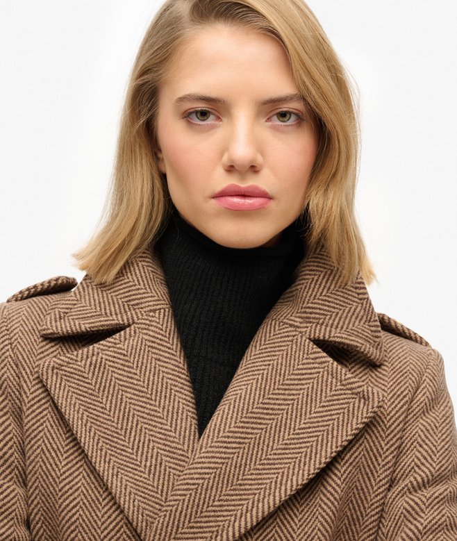 womens Double Breasted Wool Blend Coat in Camel Brown Herringbone ...