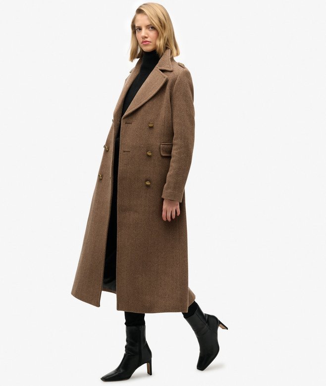 Dames Dubbele rij knopen wollen mantel in Camel bruin visgraat ...