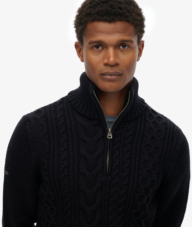 mens Jacob Cable Knit Half Zip Jumper in Eclipse Navy | Superdry UK