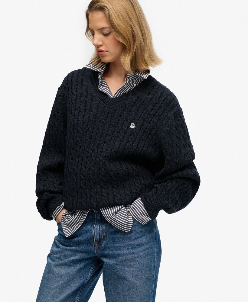 womens Oversized V Neck Cable Jumper in Eclipse Navy | Superdry UK