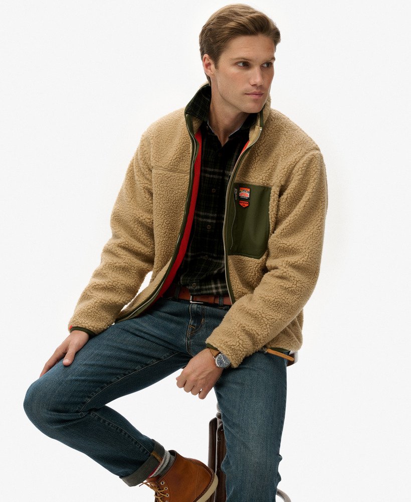 mens Vintage Retro Borg Fleece Jacket in Classic Tan Brown | Superdry UK