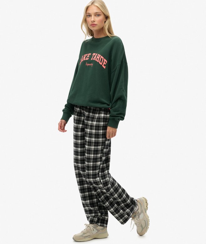 womens Cotton Check Elastic Trousers in Black/Ecru Check | Superdry UK