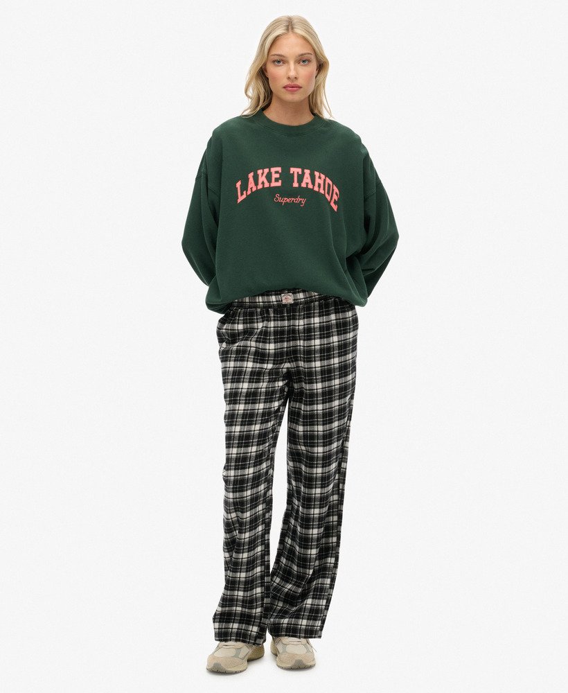 womens Cotton Check Elastic Trousers in Black/Ecru Check | Superdry UK