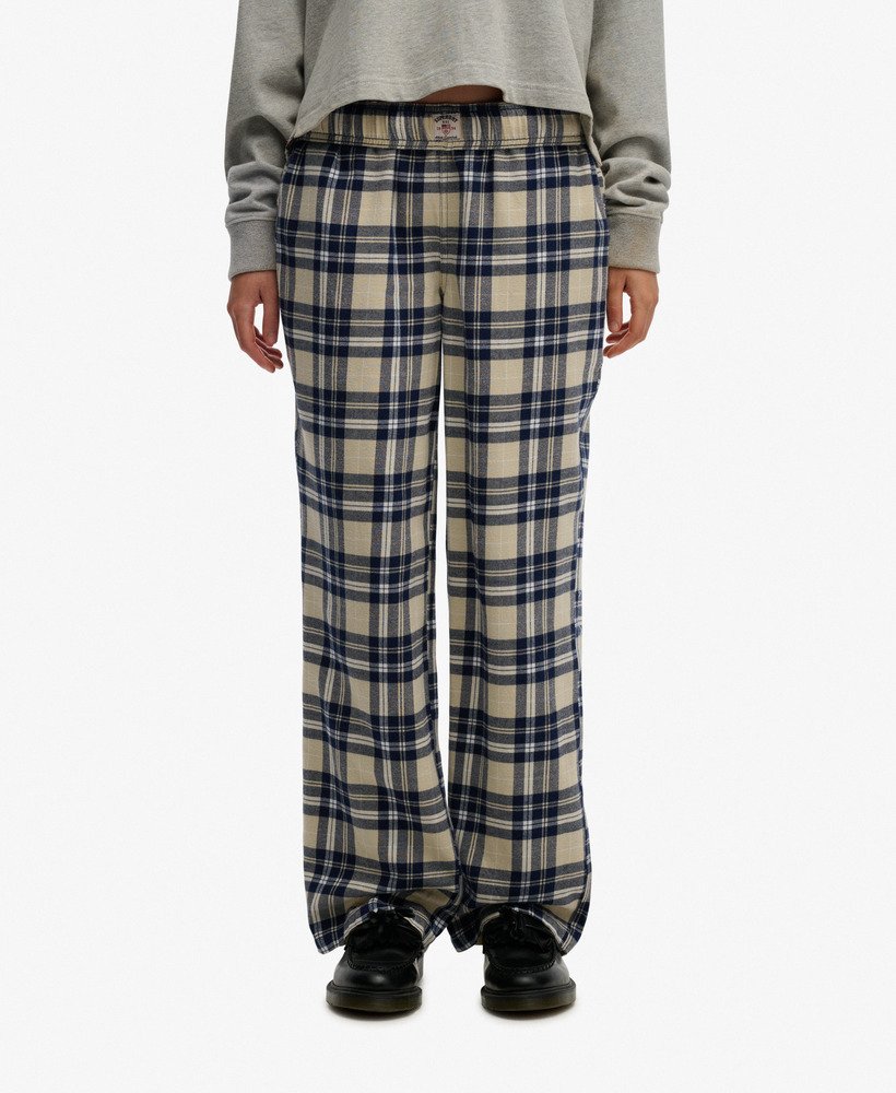 womens Cotton Check Elastic Trousers in Cream/Navy Check | Superdry UK