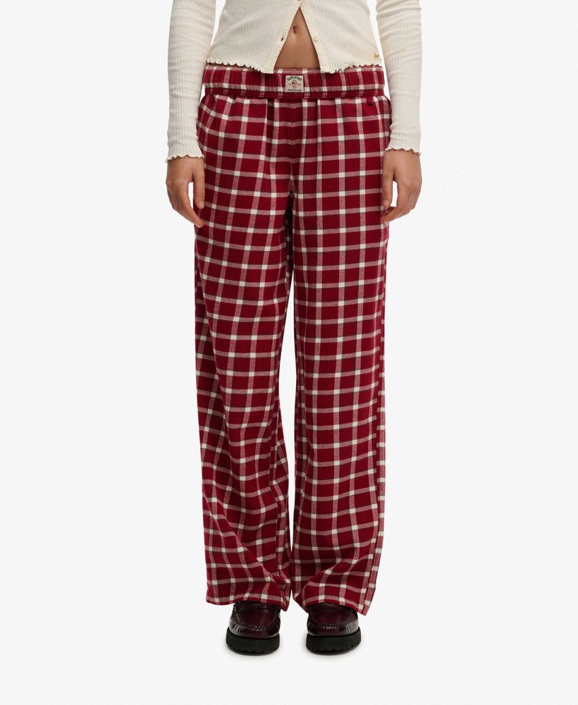 womens Cotton Check Elastic Trousers in Burgundy Check | Superdry UK