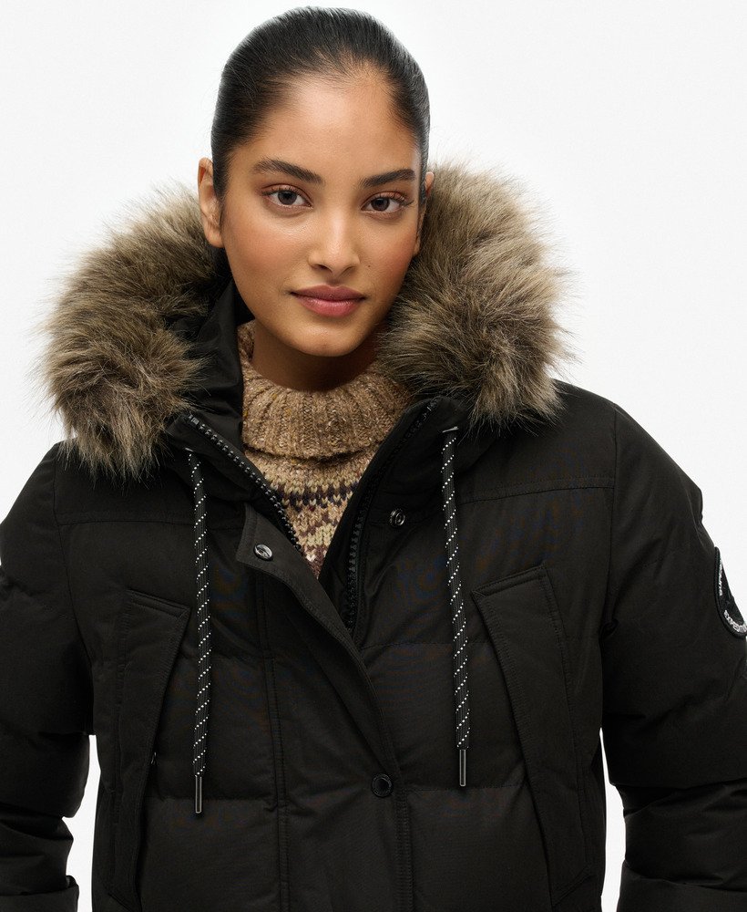 womens Everest Microfibre Mid Faux Fur Puffer Jacket in Black | Superdry US