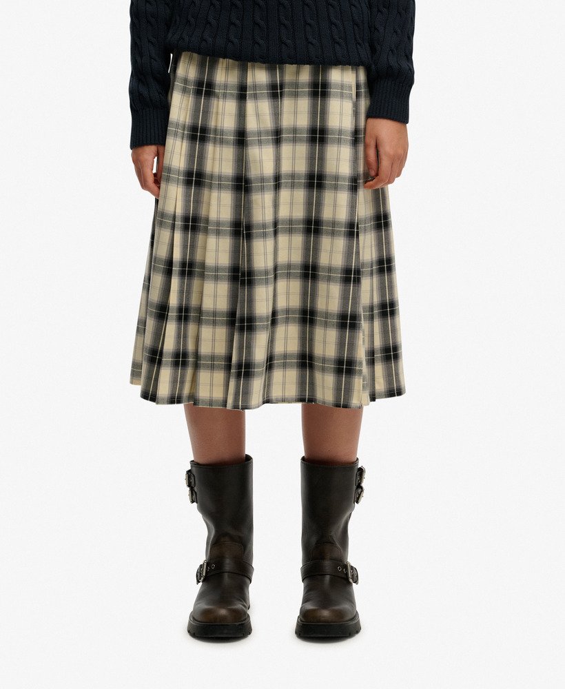 womens Check Pleated Midi Skirt in Cream/Black Check | Superdry UK