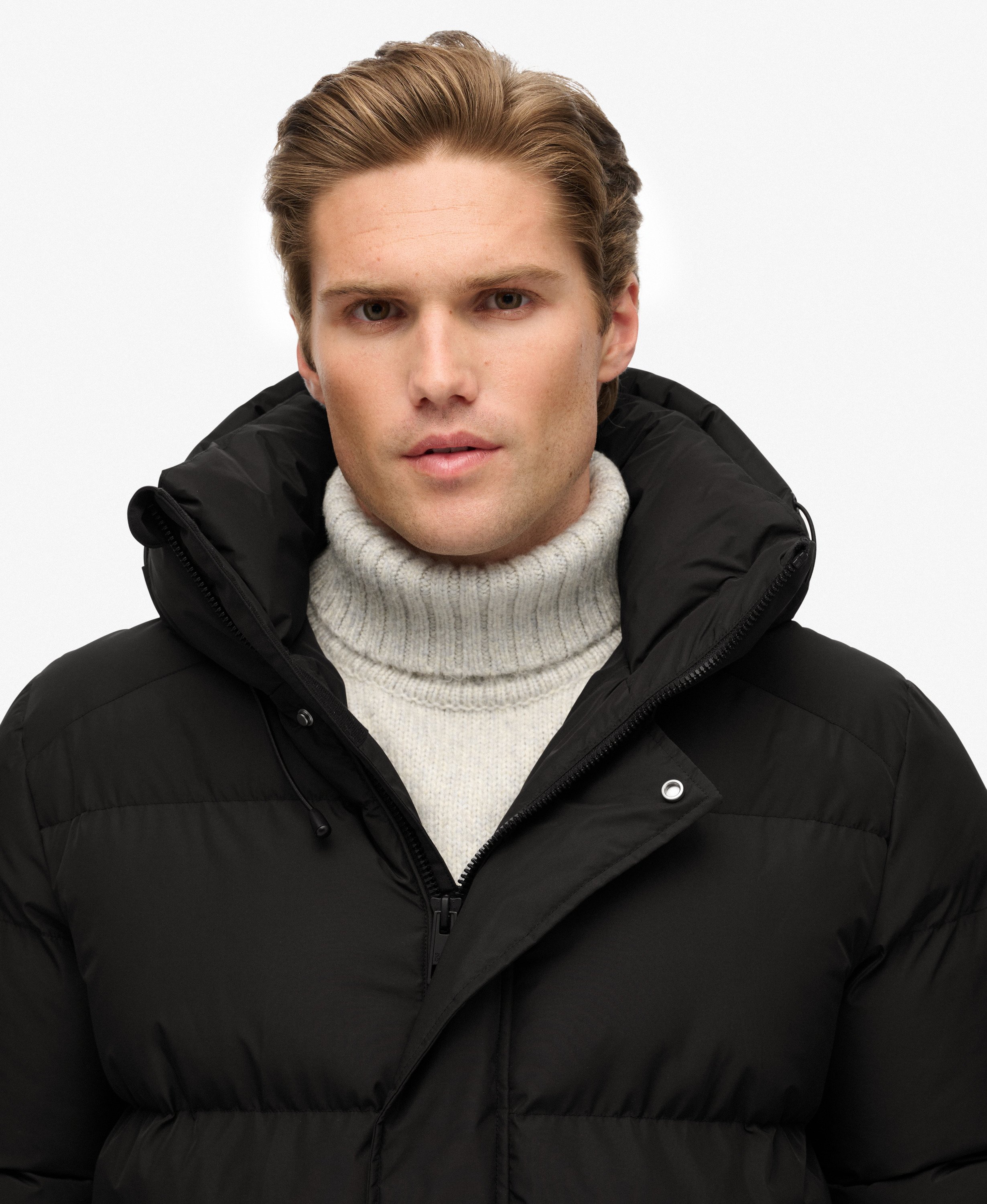 mens Hooded Mid Length Sports Puffer Jacket in Black | Superdry UK