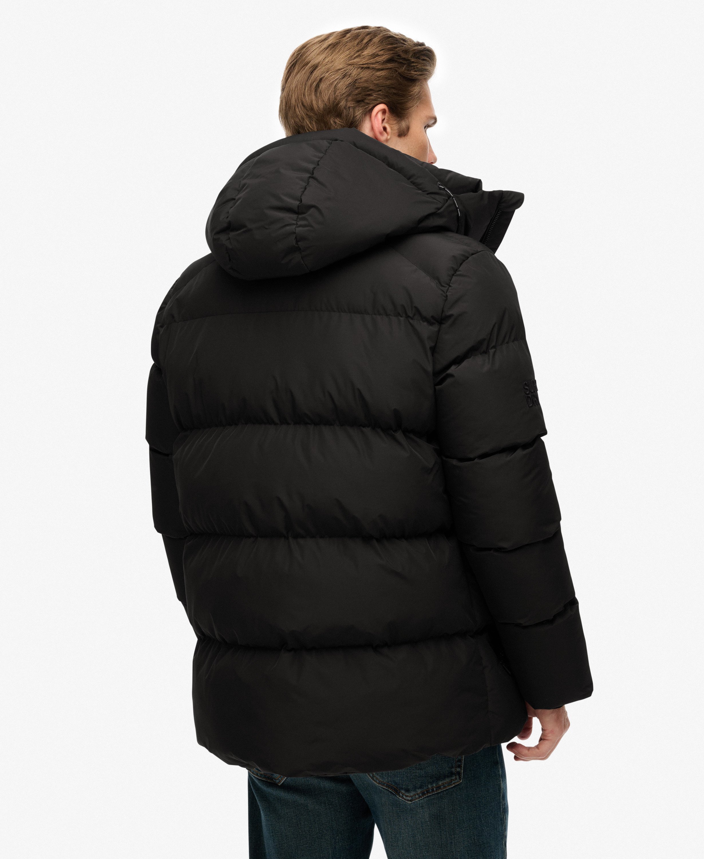 mens Hooded Mid Length Sports Puffer Jacket in Black | Superdry UK