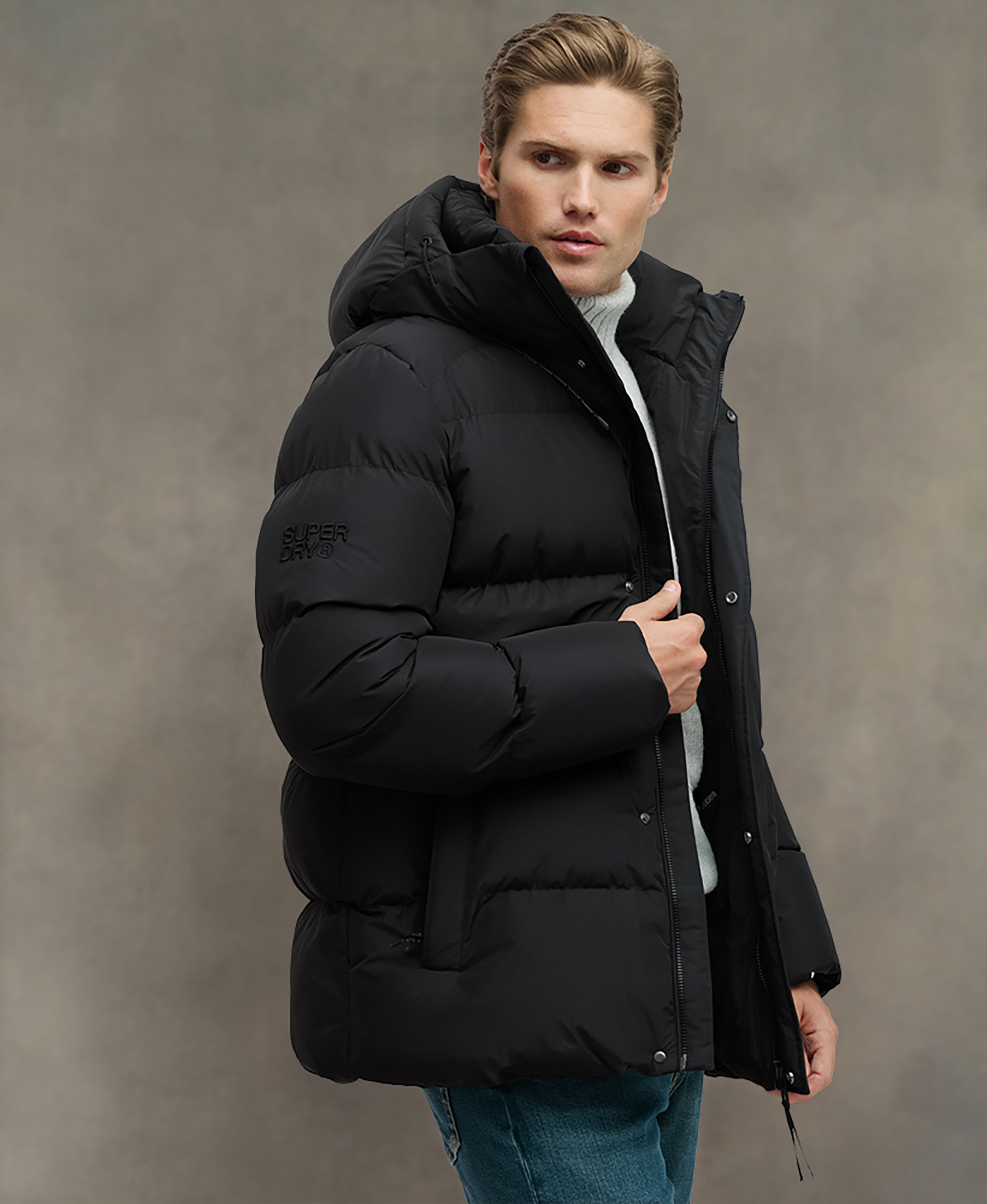 mens Hooded Mid Length Sports Puffer Jacket in Black | Superdry UK