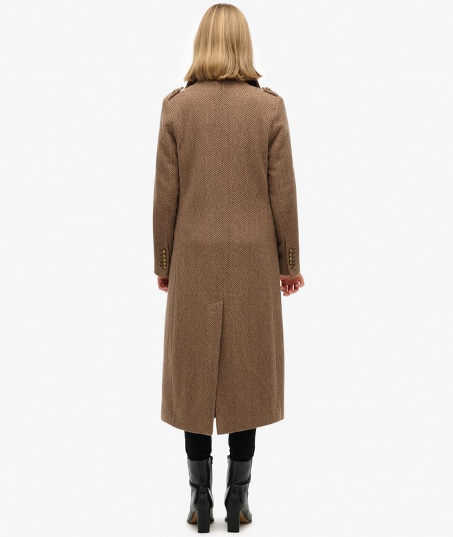 Dames Dubbele rij knopen wollen mantel in Camel bruin visgraat ...