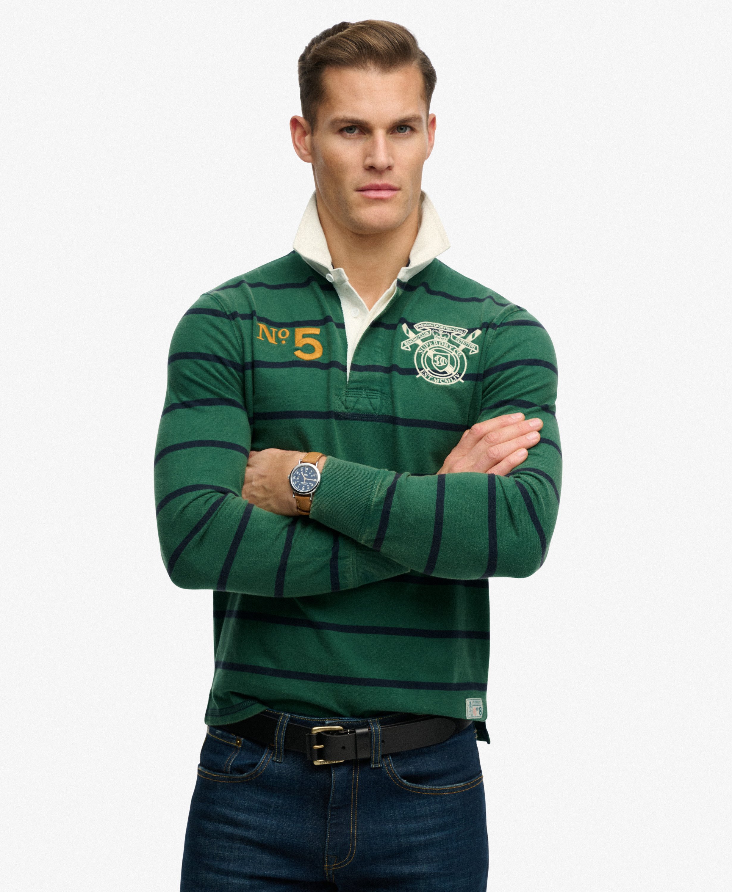 mens Double Emblem Stripe Rugby Top in Hunter Green Stripe | Superdry UK